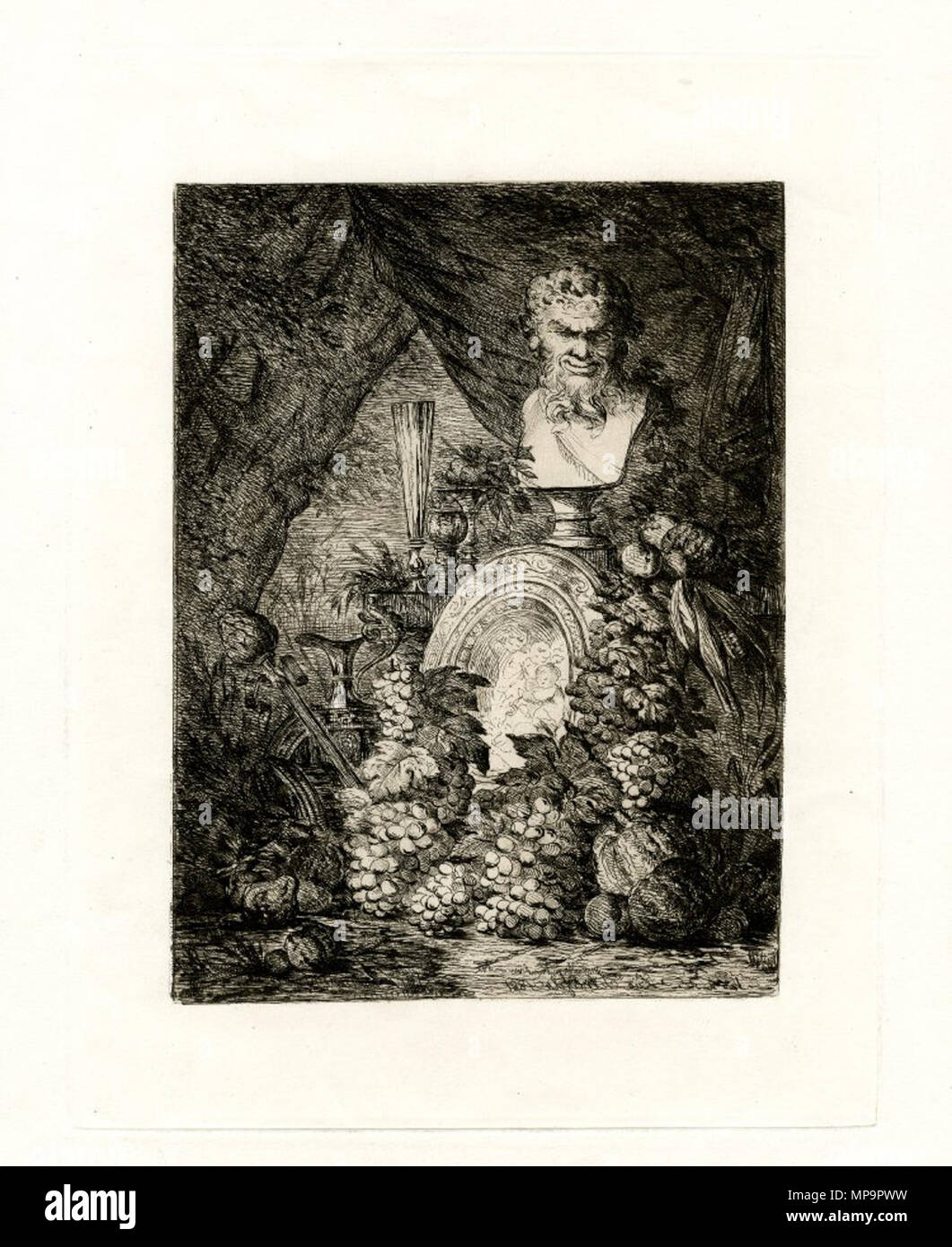 Still-life with fruits, crockery and bust of a faun, a tree trunk and ...