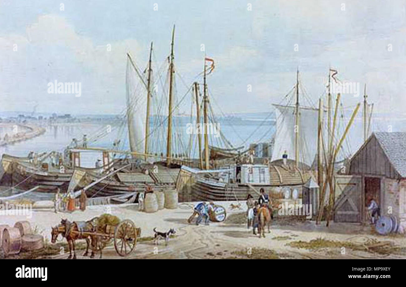 . English: A panting showing a scene in the port of Mainz, Germany ...