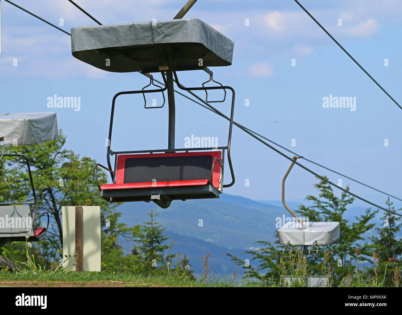 front view of a empty red cable car in summer season Stock Photo - Alamy