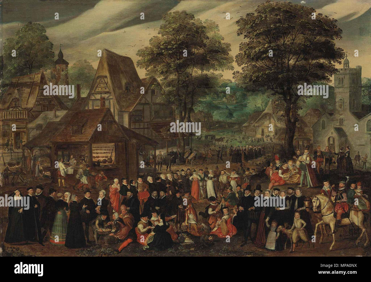 . English: A village festival with elegantly dressed figures in ...