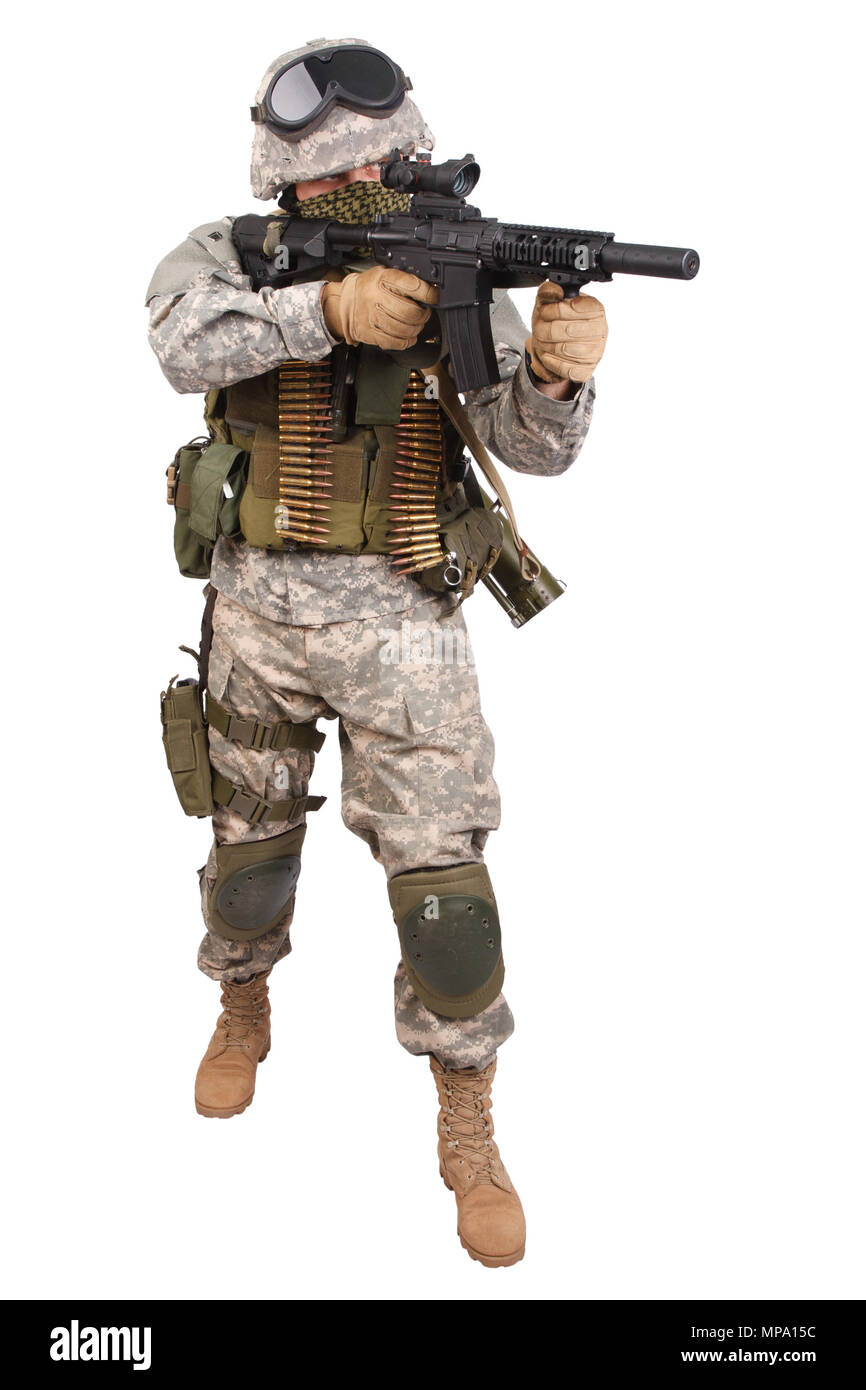US soldier with rifle on white background Stock Photo - Alamy