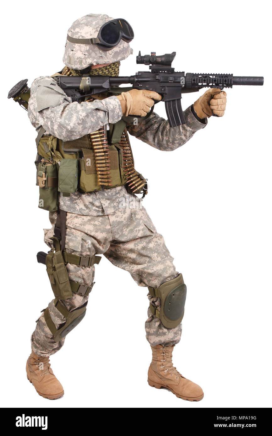 US soldier with rifle on white background Stock Photo - Alamy