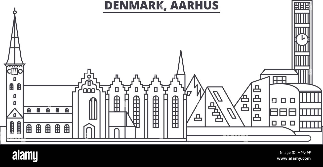 Denmark, Aarhus line skyline vector illustration. Denmark, Aarhus linear cityscape with famous ...