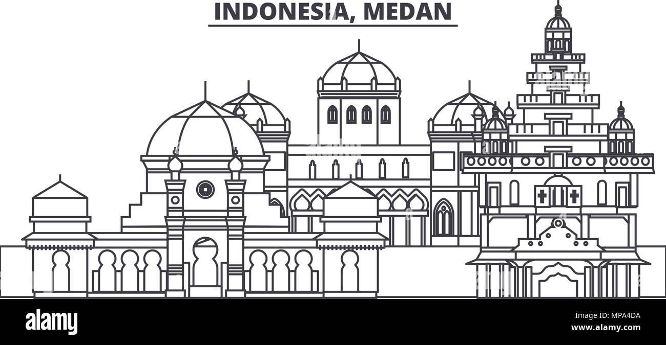Indonesia, Medan line skyline vector illustration. Indonesia, Medan ...