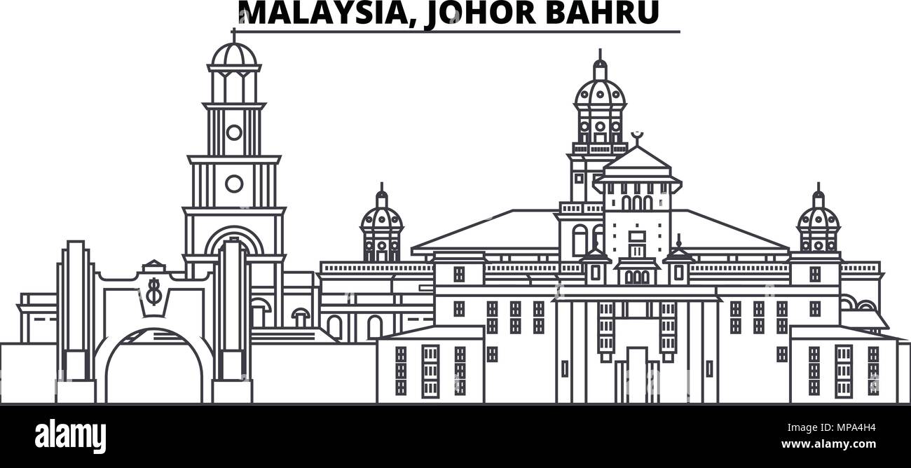 Malaysia, Johor Bahru line skyline vector illustration. Malaysia, Johor ...