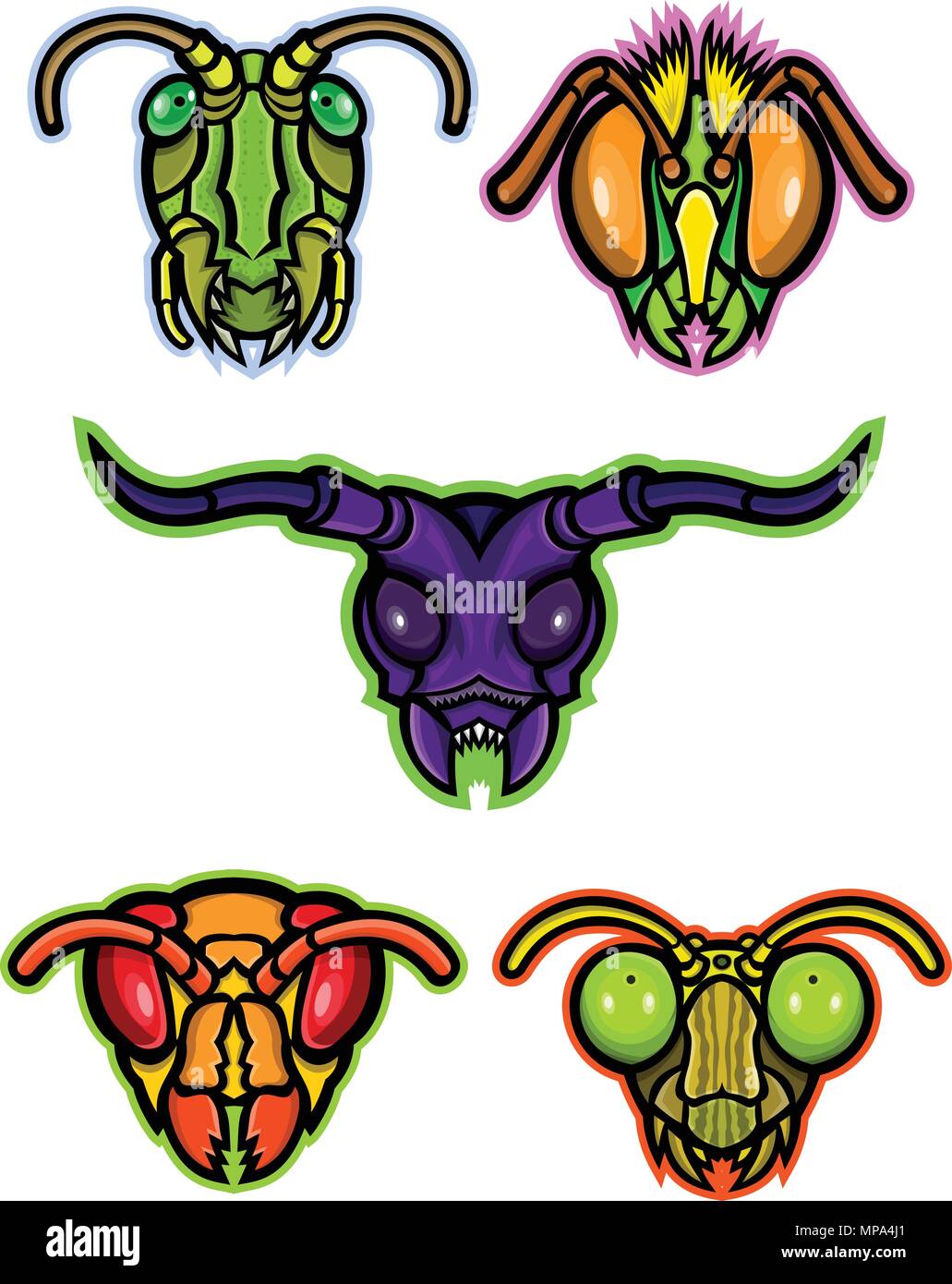 Mascot icon illustration set of heads of insects like grasshopper ...