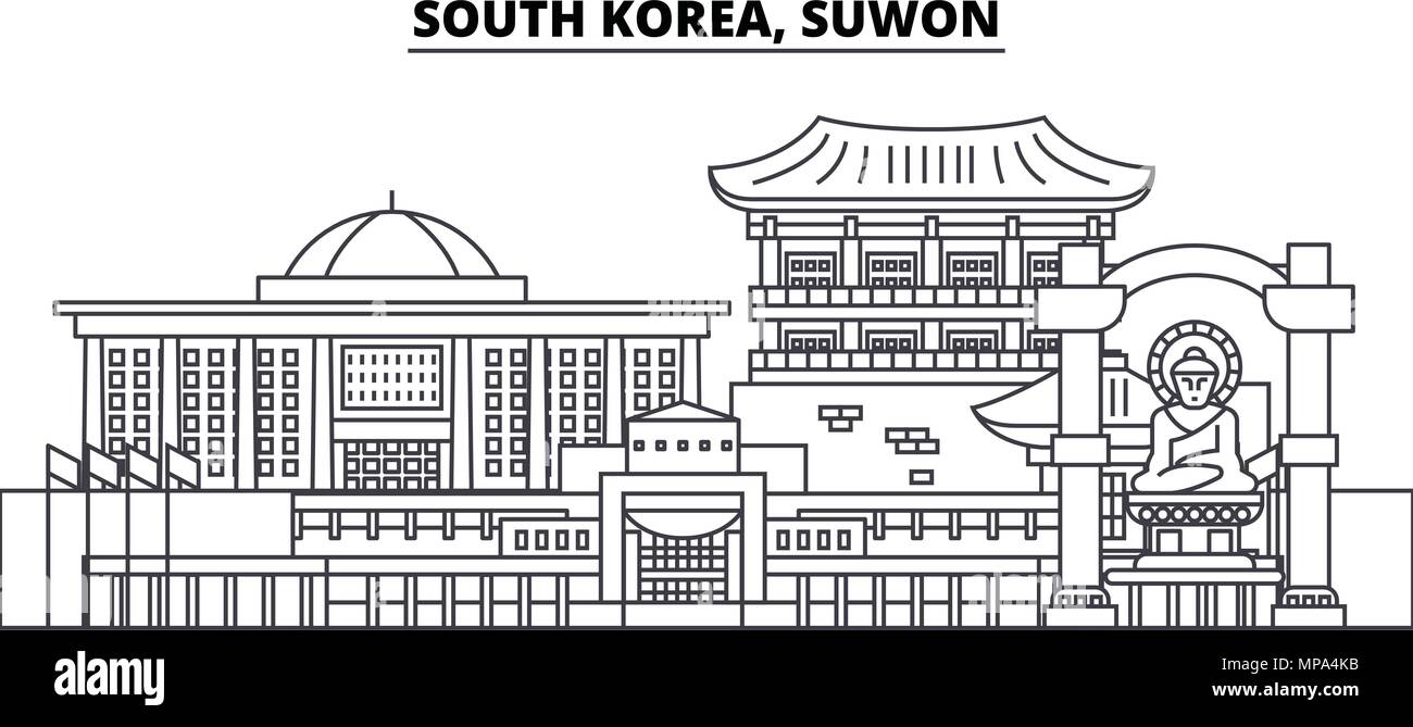 South Korea, Suwon line skyline vector illustration. South Korea, Suwon ...