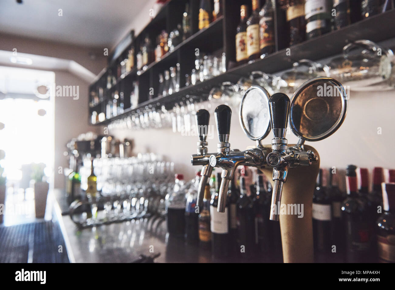 ready to pint of beer on a bar in a traditional style wooden pub Stock ...