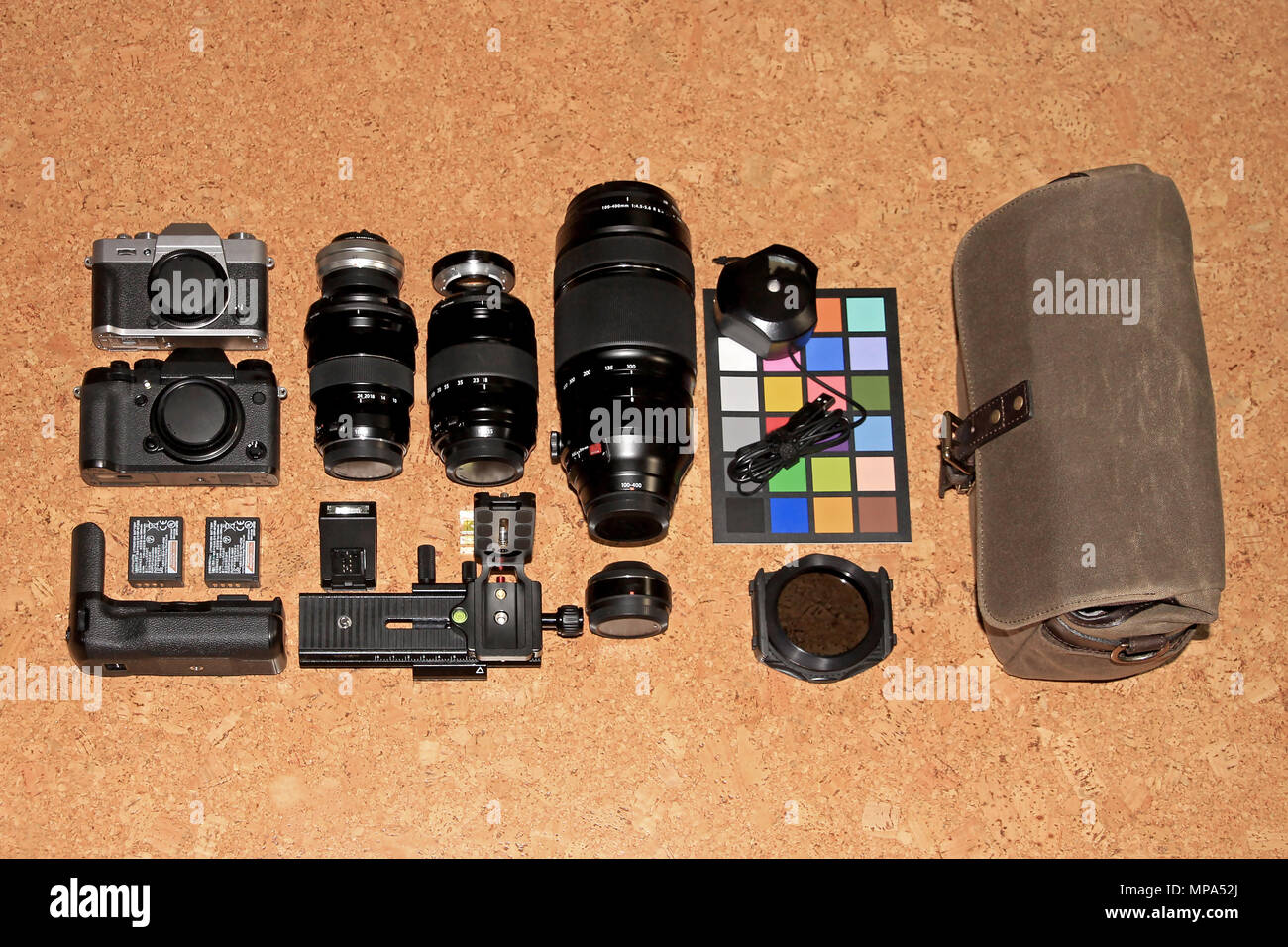 Top view of collection of professional camera lenses and equipment ...
