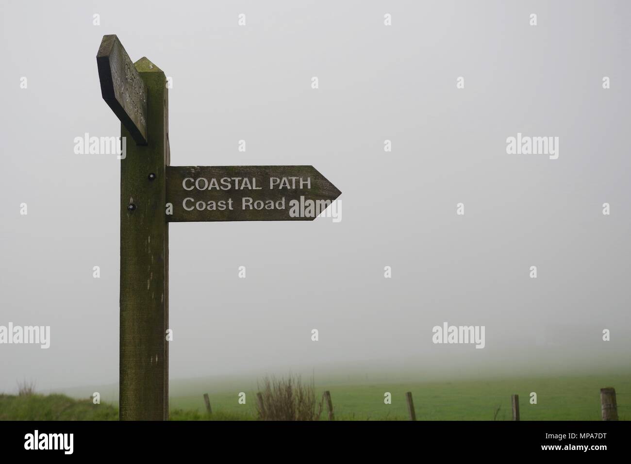 Wooden Coastal Path Signpost by a Pasture Field Shrouded in Ground ...