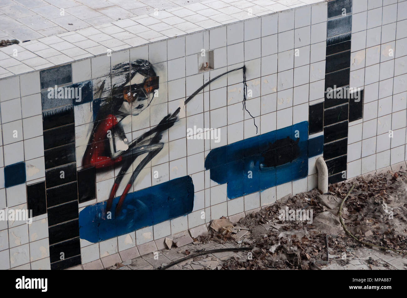 Pripyat swimming pool graffiti after the Chernobyl disaster Stock Photo ...
