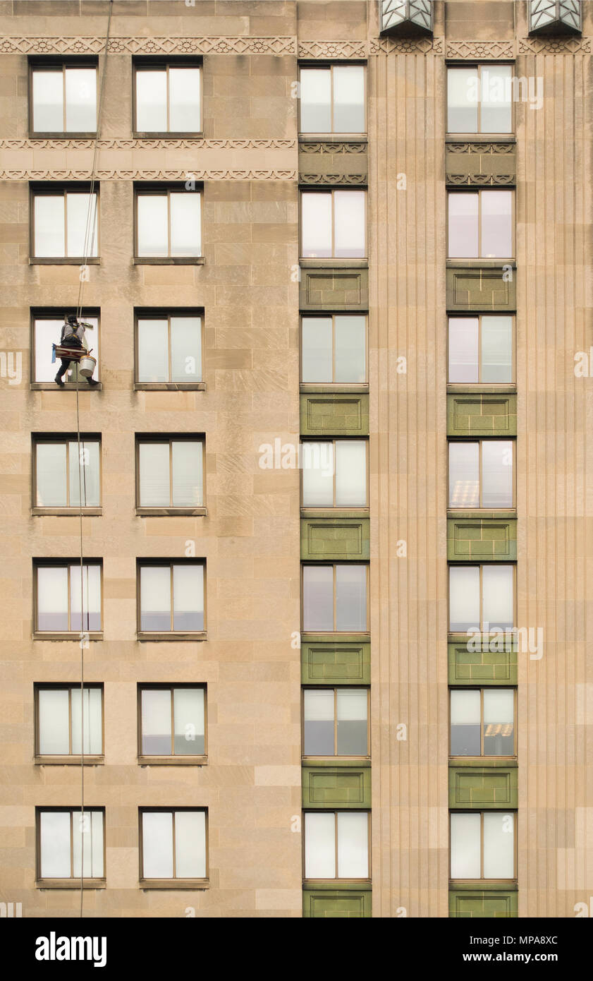 window washer hanging by rope in Madison Wisconsin Stock Photo - Alamy