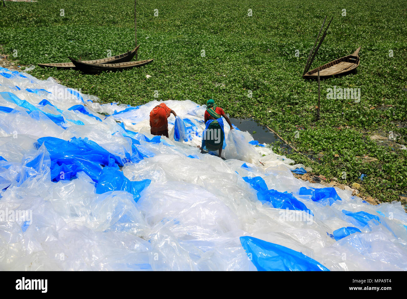 Women drying plastic bags for recycling on the banks of the Buriganga ...