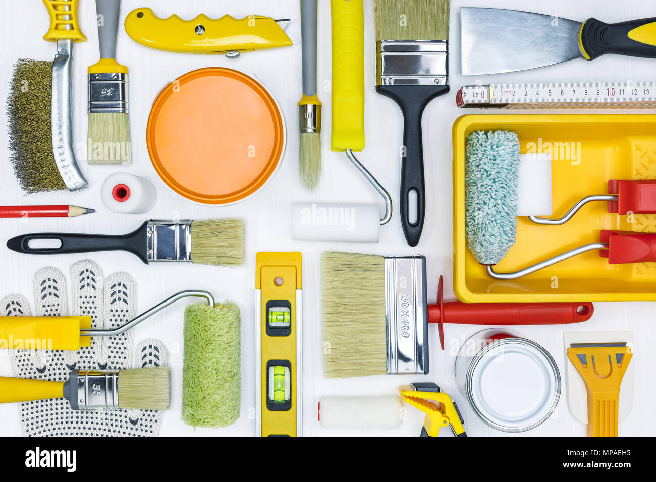 painting tools set flat view. paintbrushes, rollers, paints and other ...