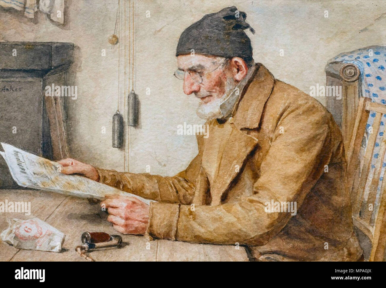 Anker Albert - Alter Mann Beim Zeitunglesen Stock Photo - Alamy