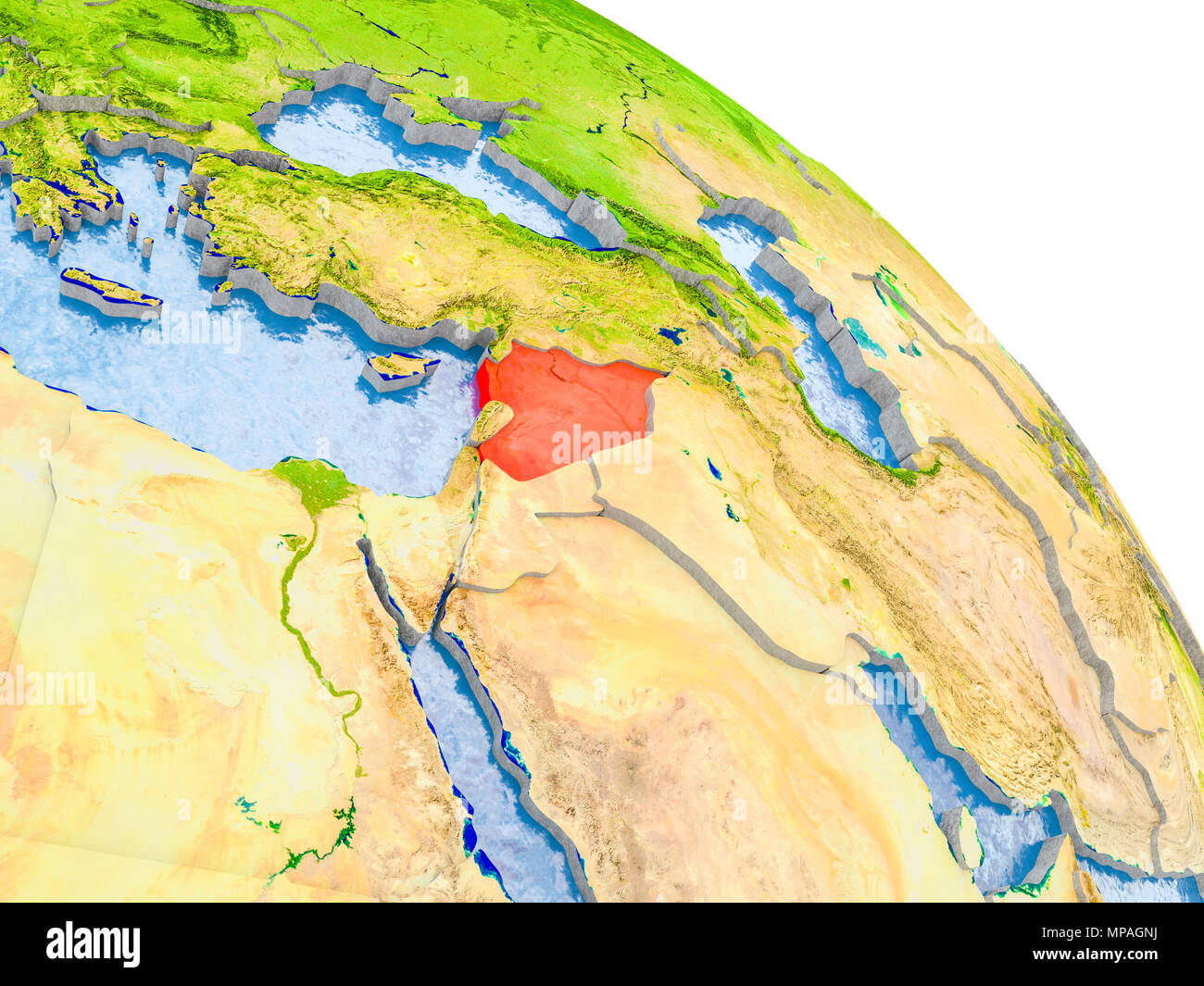 Illustration of Syria highlighted in red on glob with realistic surface ...