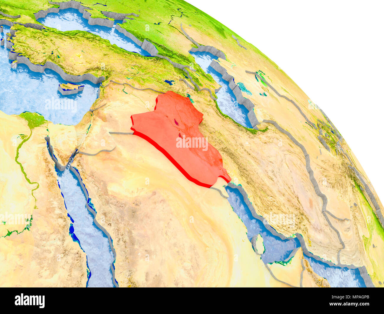 Illustration of Iraq highlighted in red on glob with realistic surface ...