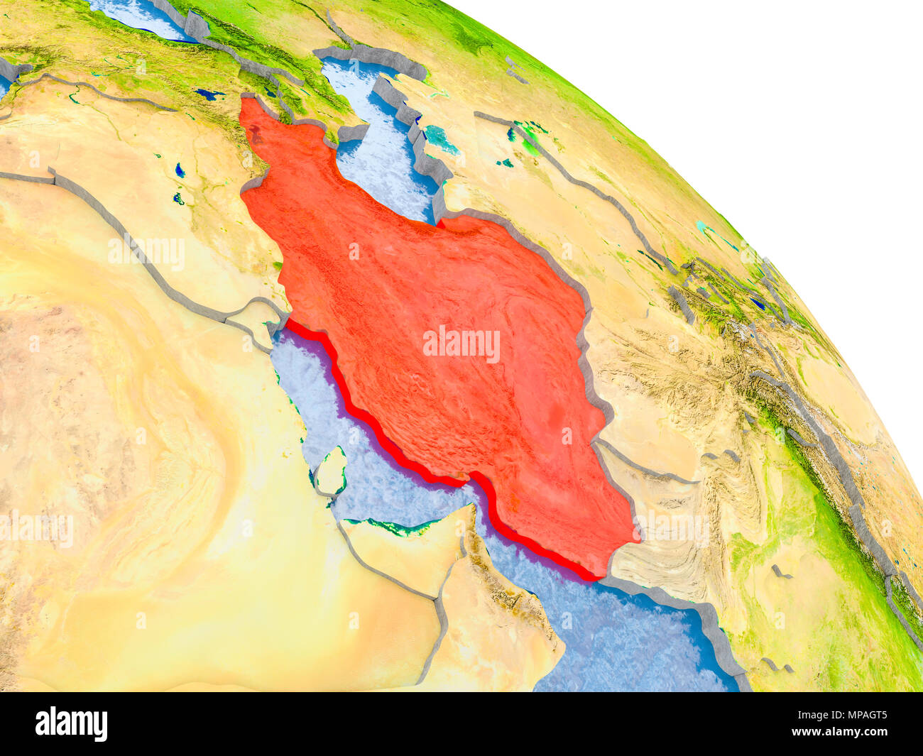 Illustration of Iran highlighted in red on glob with realistic surface ...