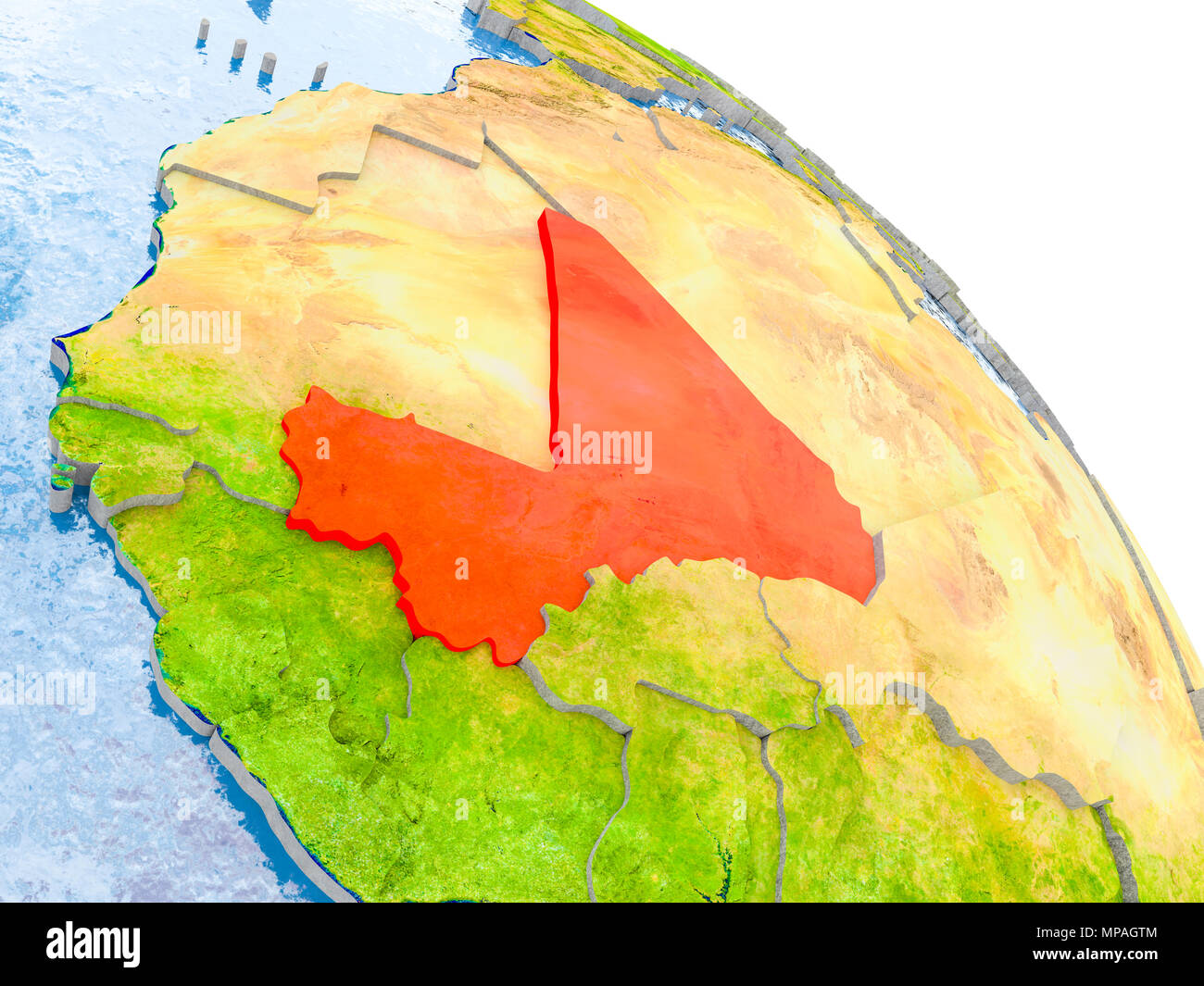 Illustration of Mali highlighted in red on glob with realistic surface ...
