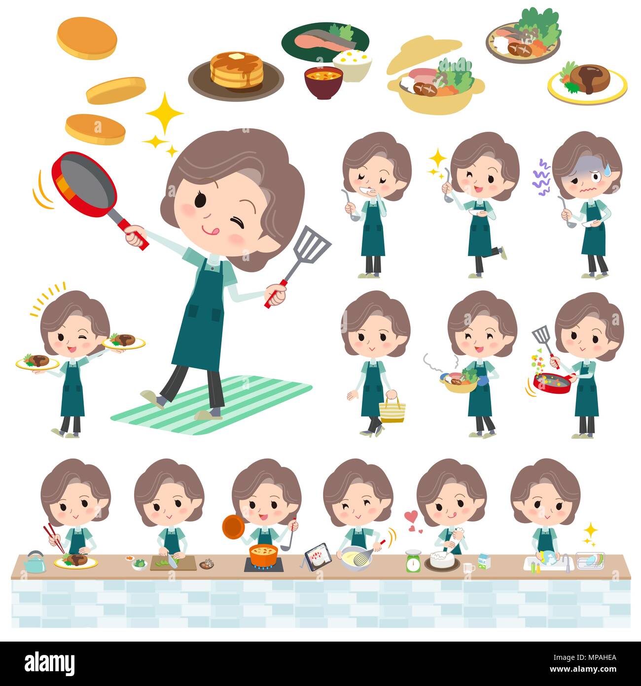Set of various poses of Blue-green wear Middle woman cooking Stock ...
