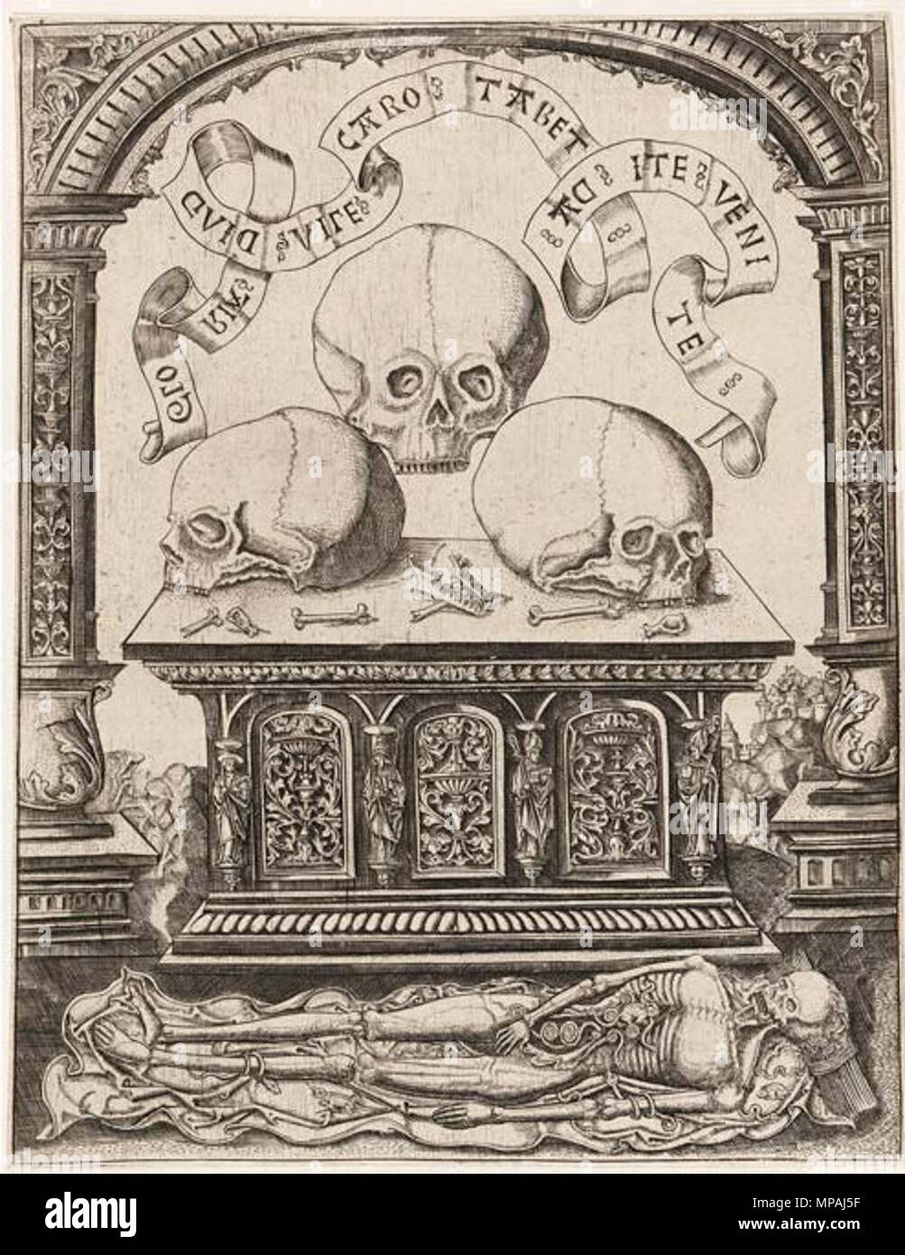 . English: Three Skulls on a Carved Tomb, engraving by Master S ...