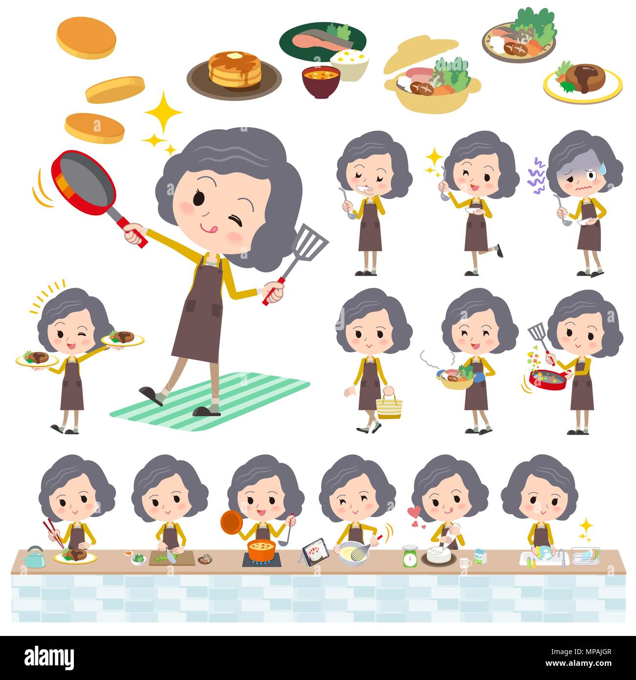 Set of various poses of Yellow jacket Middle woman cooking Stock Vector ...