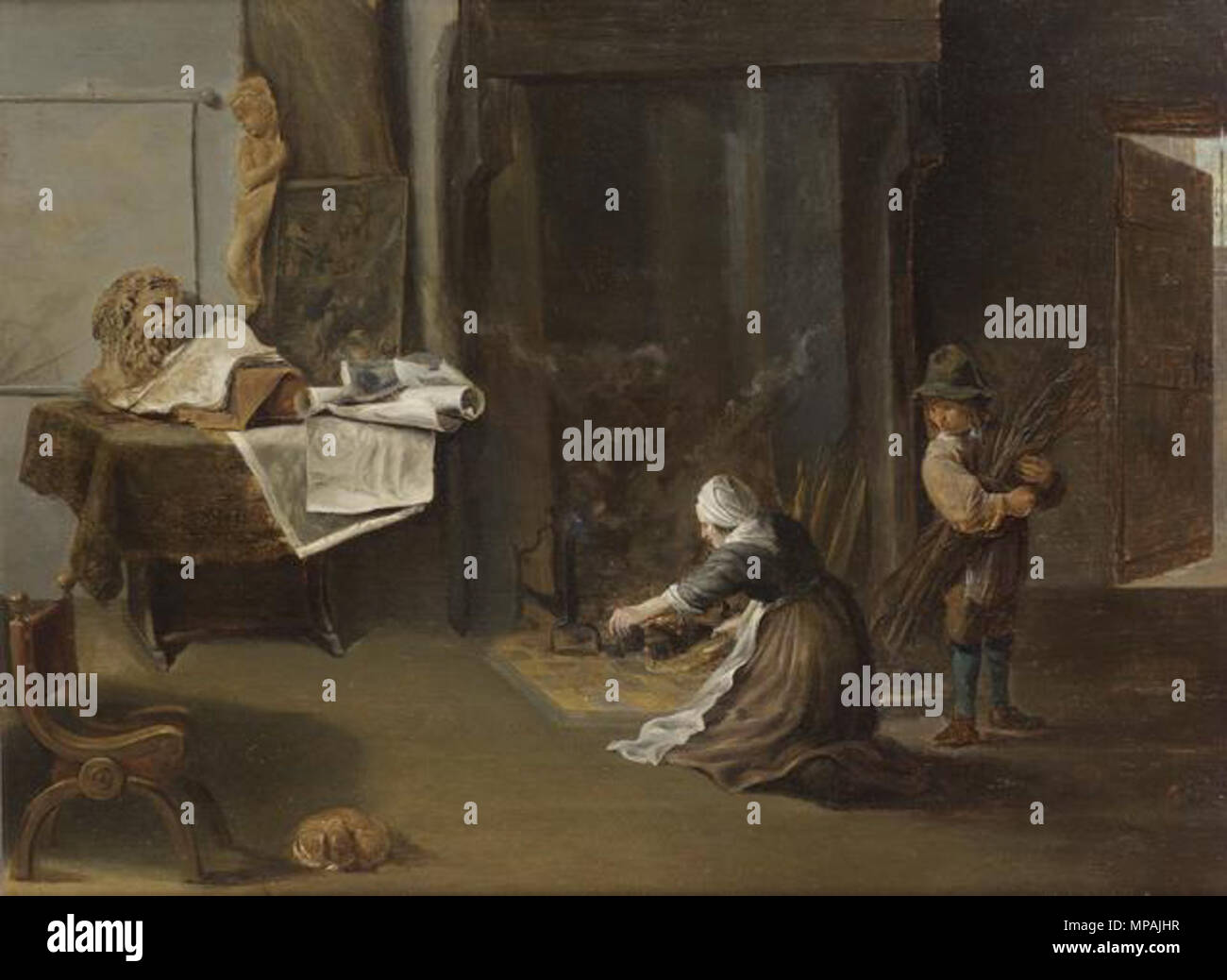 English: A maid stoking a fire with a boy holding firewood between 1645 ...
