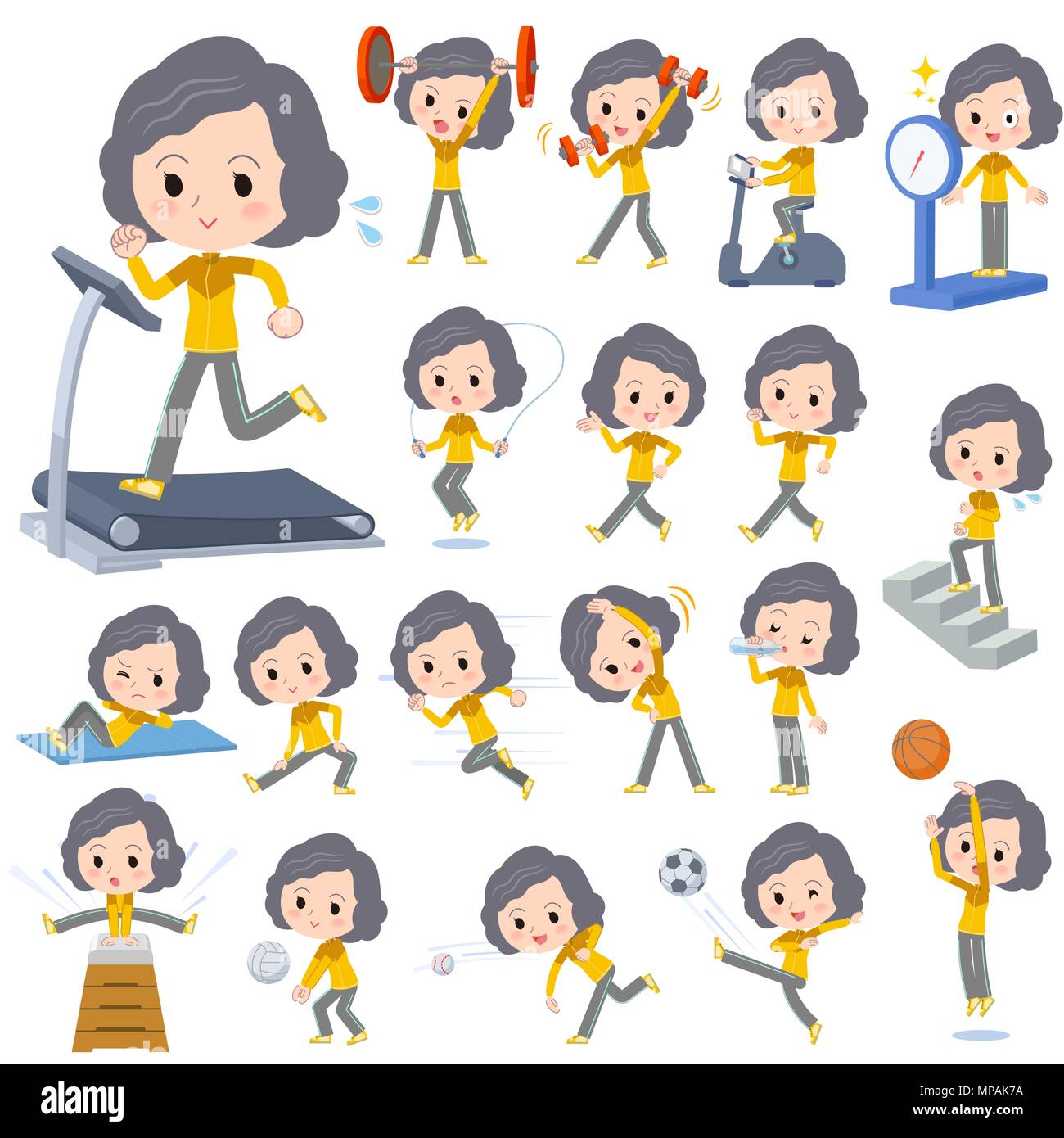 Set of various poses of Yellow wear Middle woman Sports & exercise ...