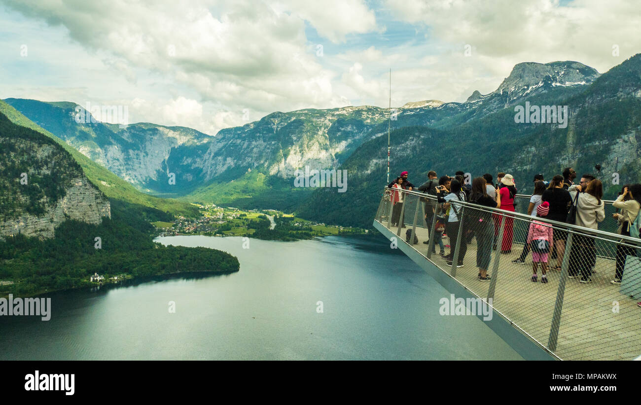 Skywalk viewing platform overlooking lake Hallstatt in Austria's ...