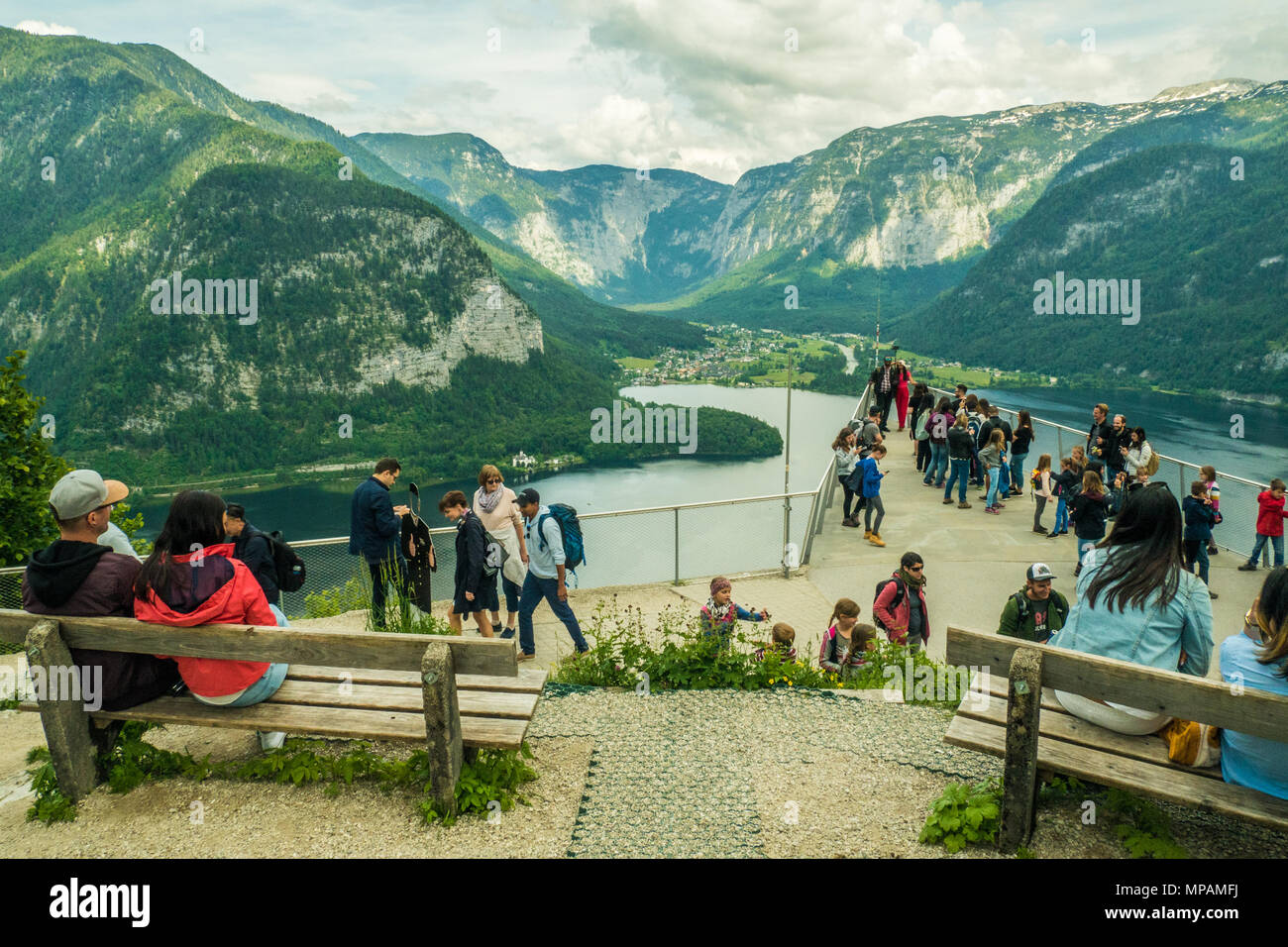 Skywalk viewing platform overlooking lake Hallstatt in Austria's ...
