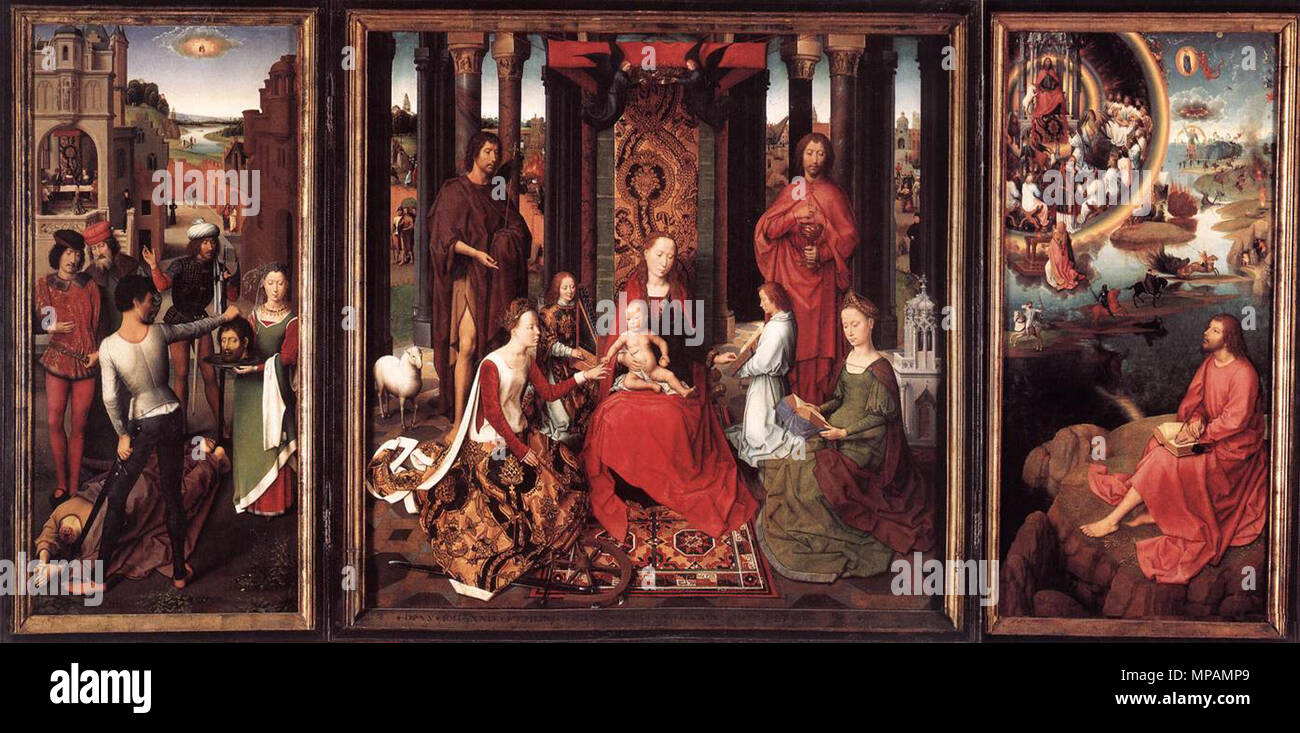 English: St John Altarpiece . English: Left panel: The Beheading of John the Baptist. Center ...