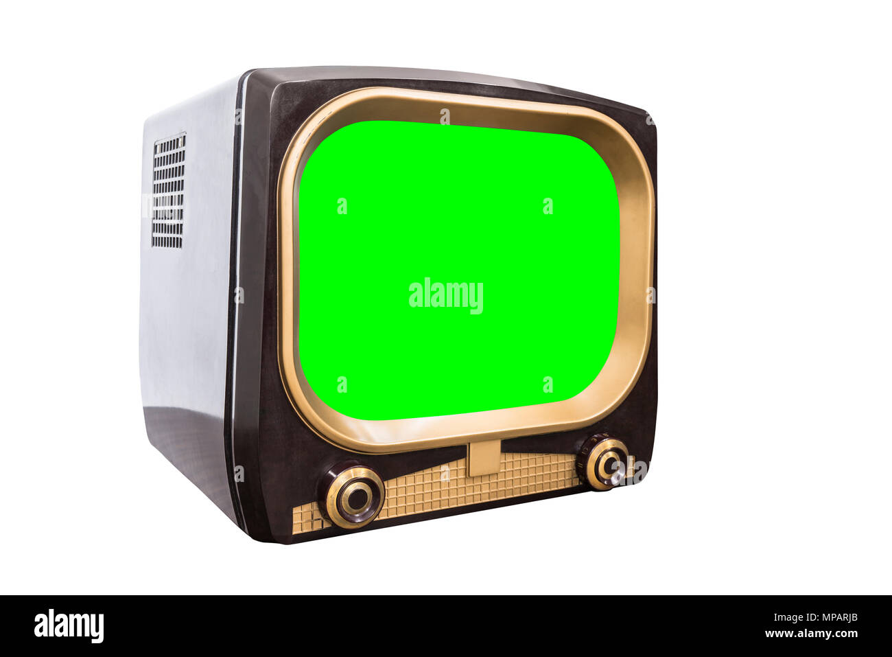 Retro 1950s television isolated on white with chroma green screen and ...