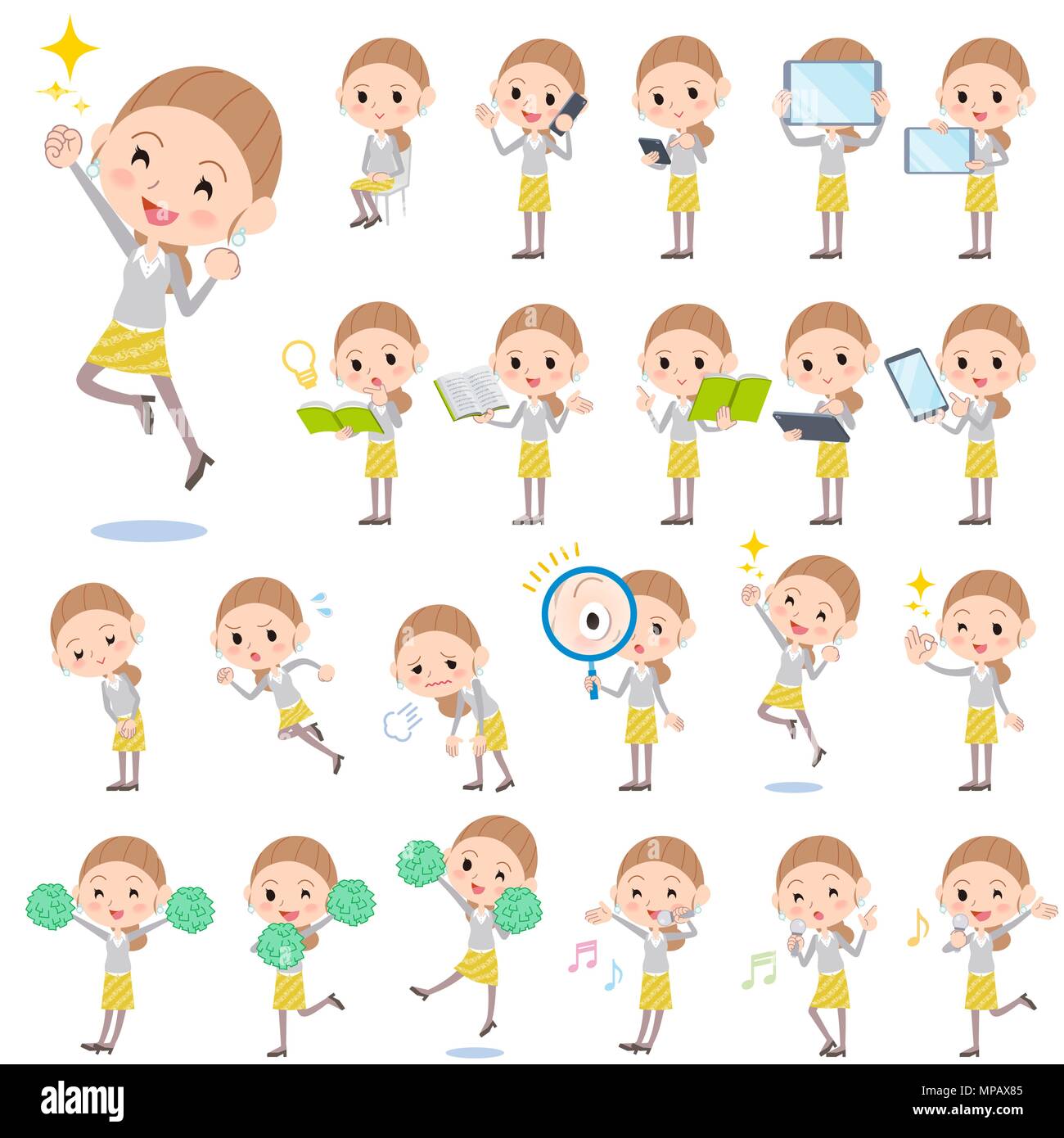 Set of various poses of Behind knot hair yellow floral skirt woman 2 ...