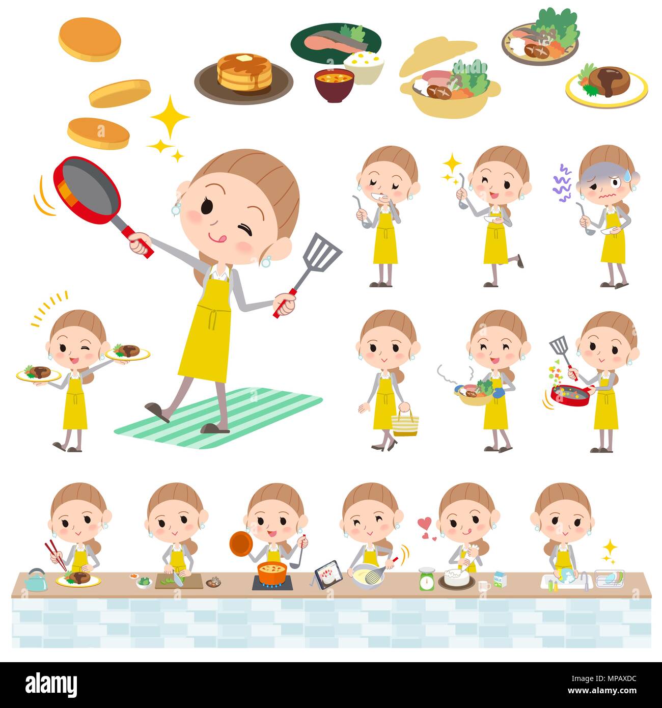 Set of various poses of Behind knot hair yellow skirt woman cooking ...