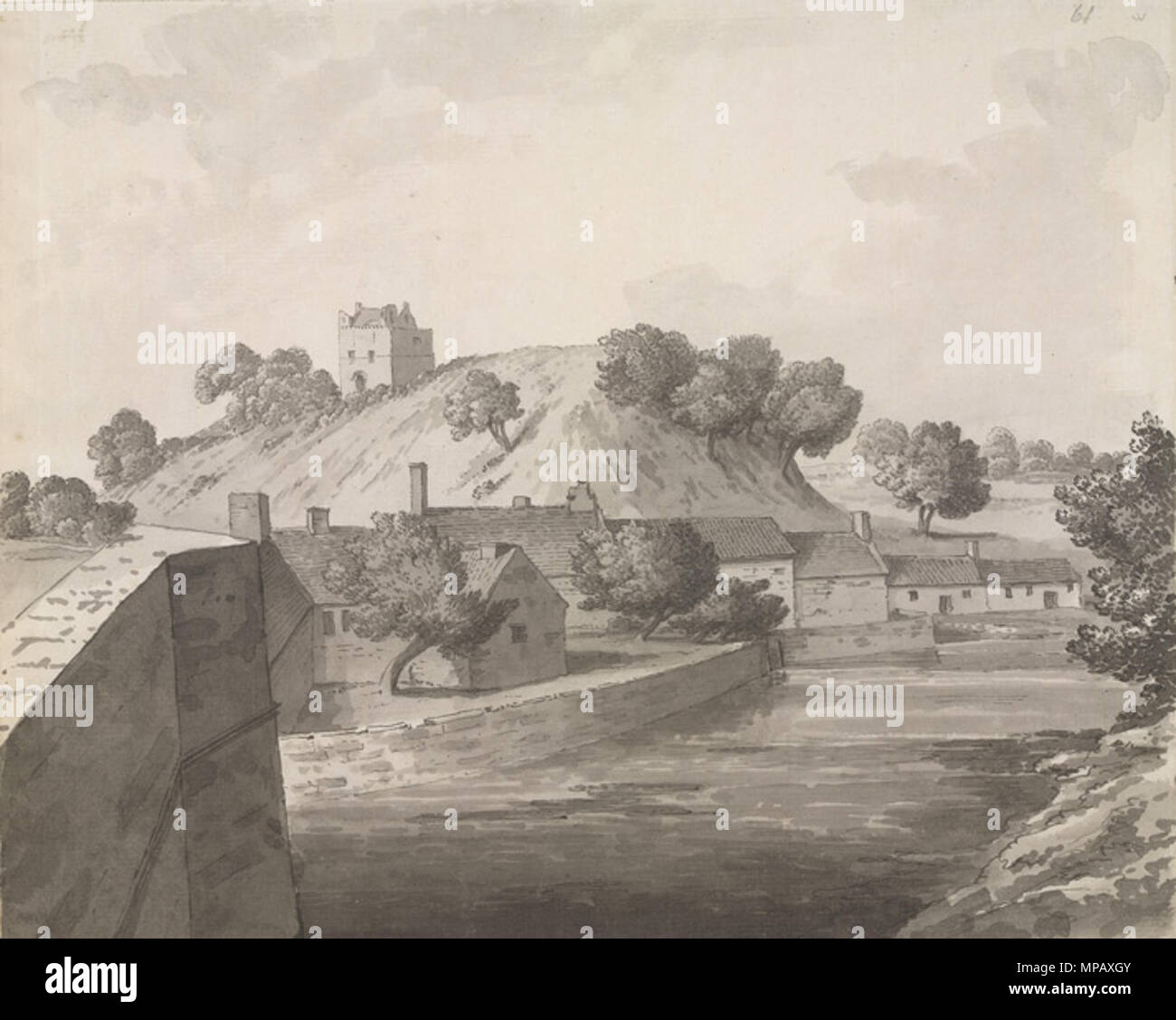 English: Morpeth Castle, from the bridge . a view in ink of Morpeth ...