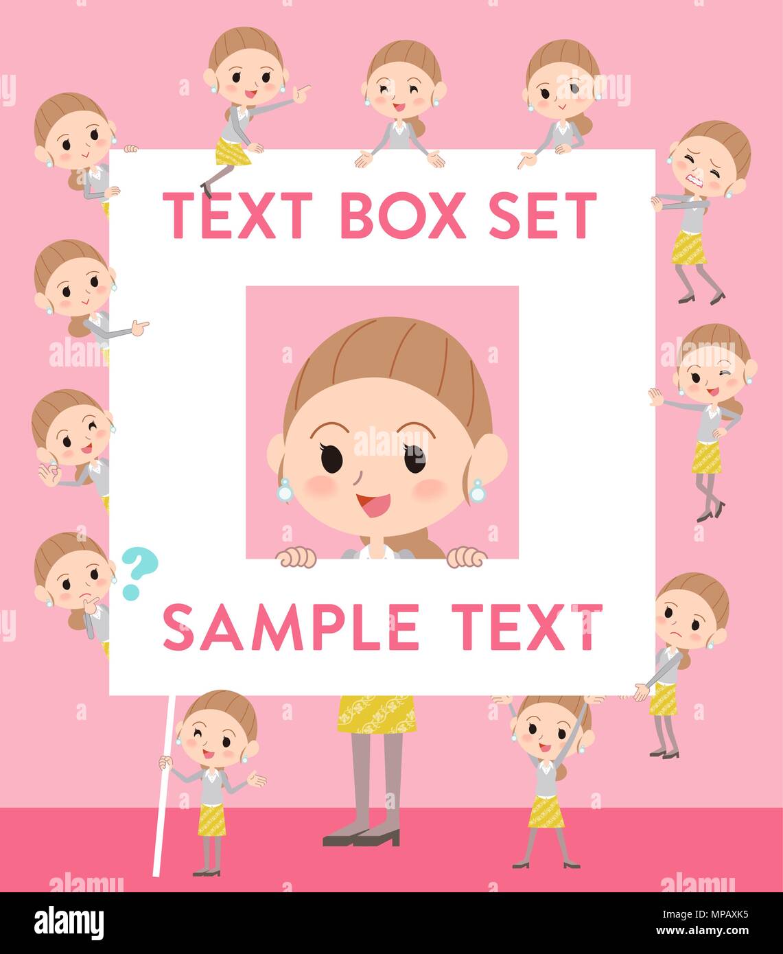 Set of various poses of Behind knot hair yellow skirt woman text box ...