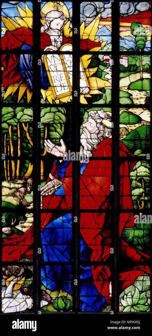 . English: Moses receiving the ten commandments, stained glass panel ...
