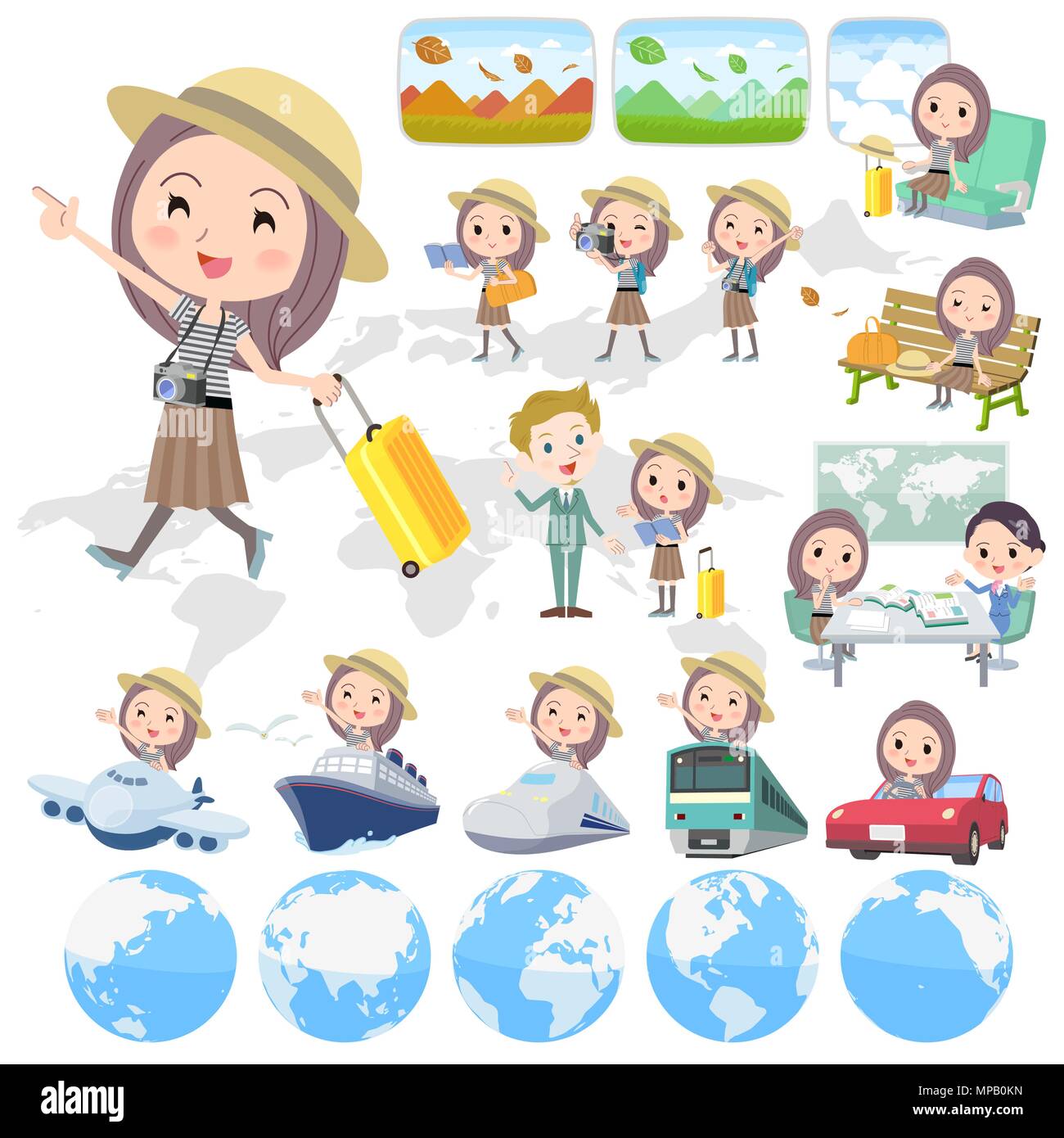 Set of various poses of Long hair woman travel Stock Vector Image & Art ...