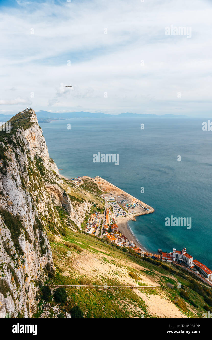 Aerial view of the coastline of Gibraltar from the top of the rock ...