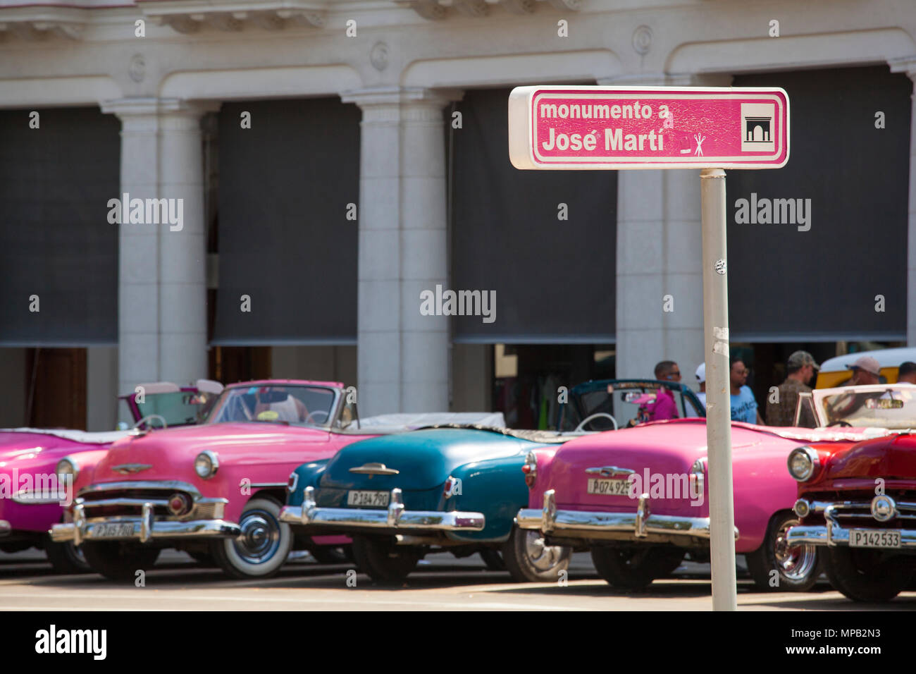 Monument Jose Marti sign with classic cars in background in Old Havana ...