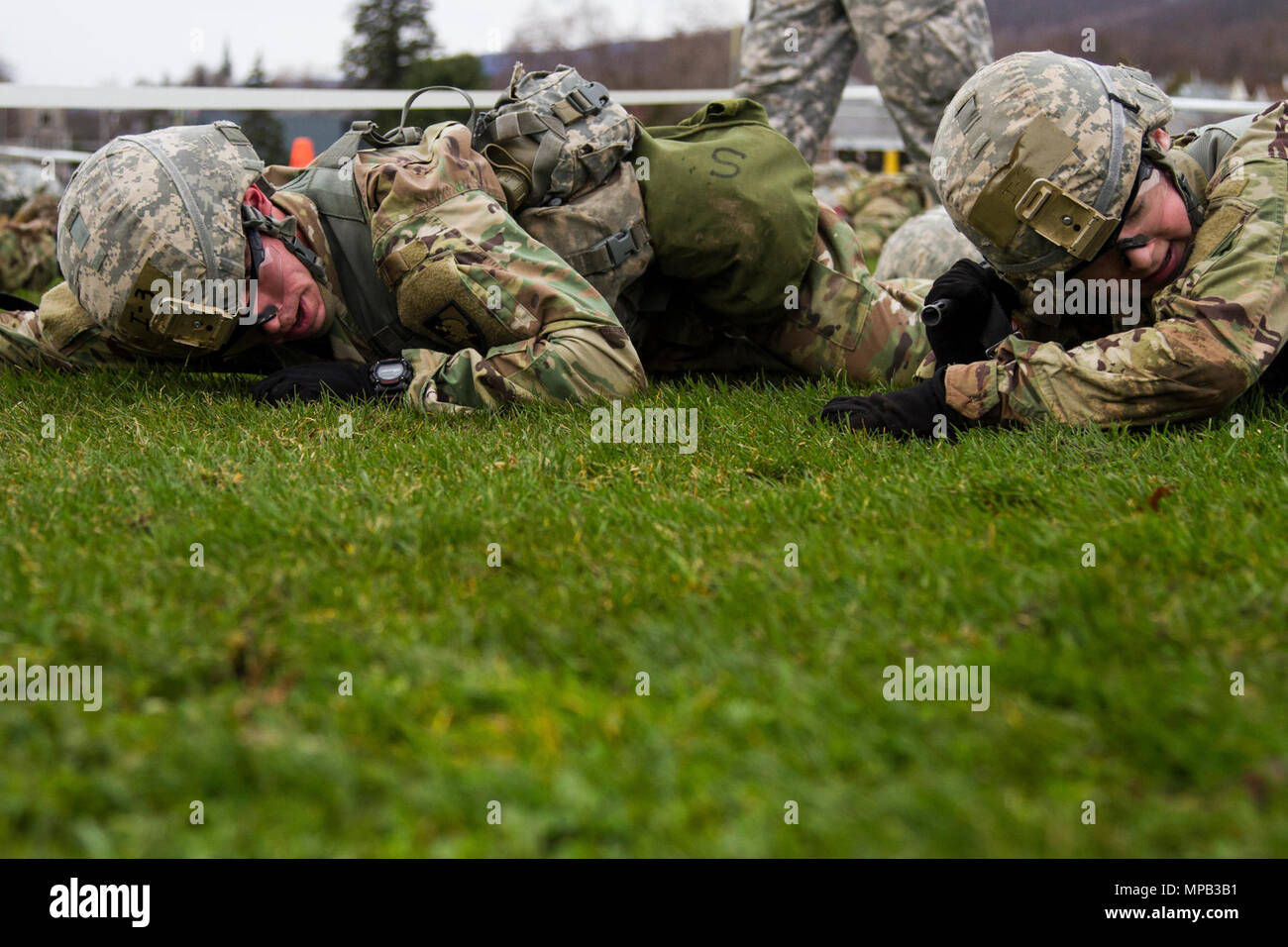 U.S. Army cadets compete in a low-crawl event during the 2017 Sandhurst ...