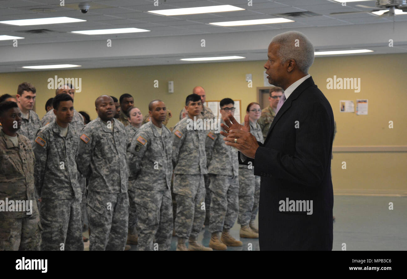 Rep. Hank Johnson speaks to members of the 642d Regional Support Group ...