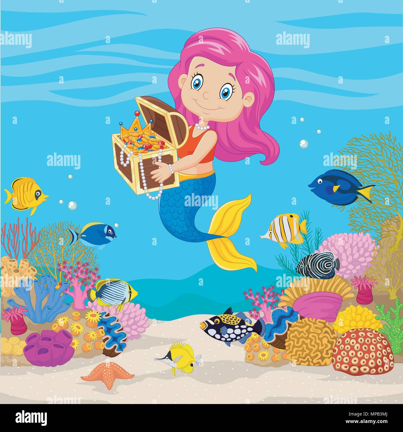 Cute mermaid holding treasure chest Stock Vector Image & Art - Alamy