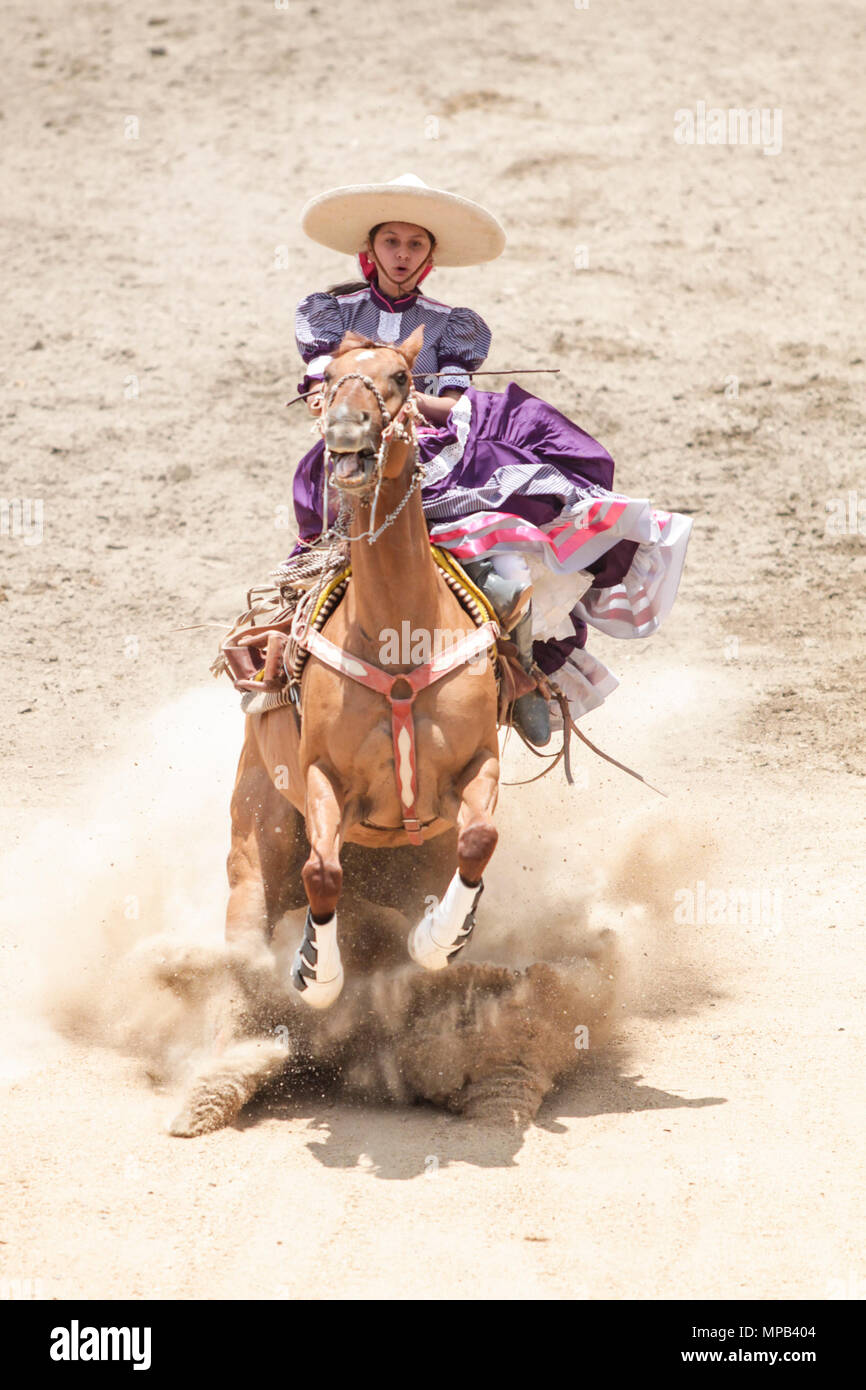 Apizaco, Mexico - May 20.2018. Escaramuza or Adelita is an important ...