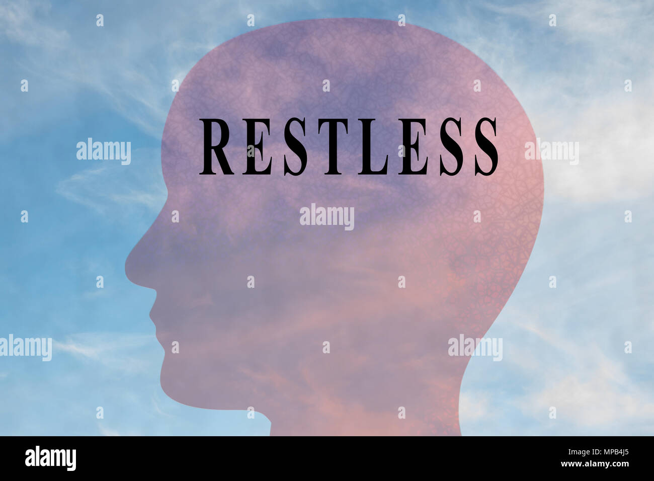Render illustration of RESTLESS title on head silhouette, with cloudy ...