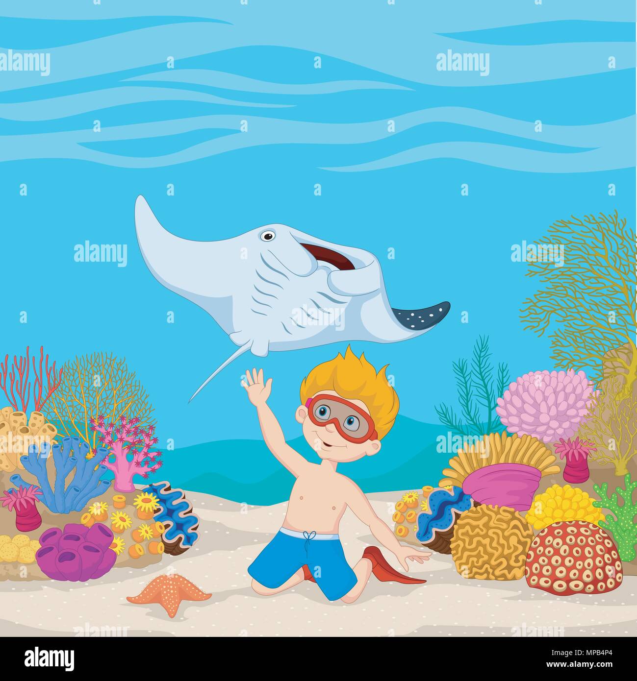 Cartoon little boy diving in underwater tropical sea Stock Vector Image ...