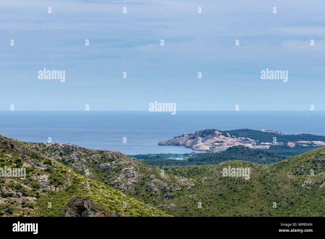 Mallorca, Aerial view on holiday island coast and village at sea with ...