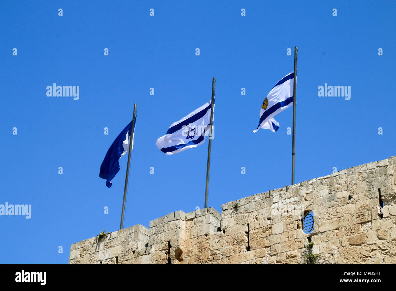 Jerusalem, Israel - May 16, 2018: View of the Israeli national flag at ...