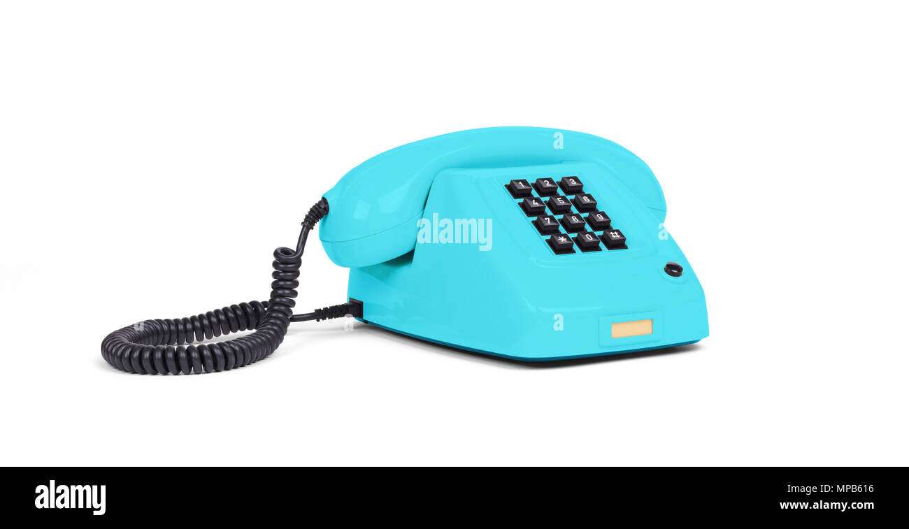 Vintage blue telephone with a white background Stock Photo - Alamy