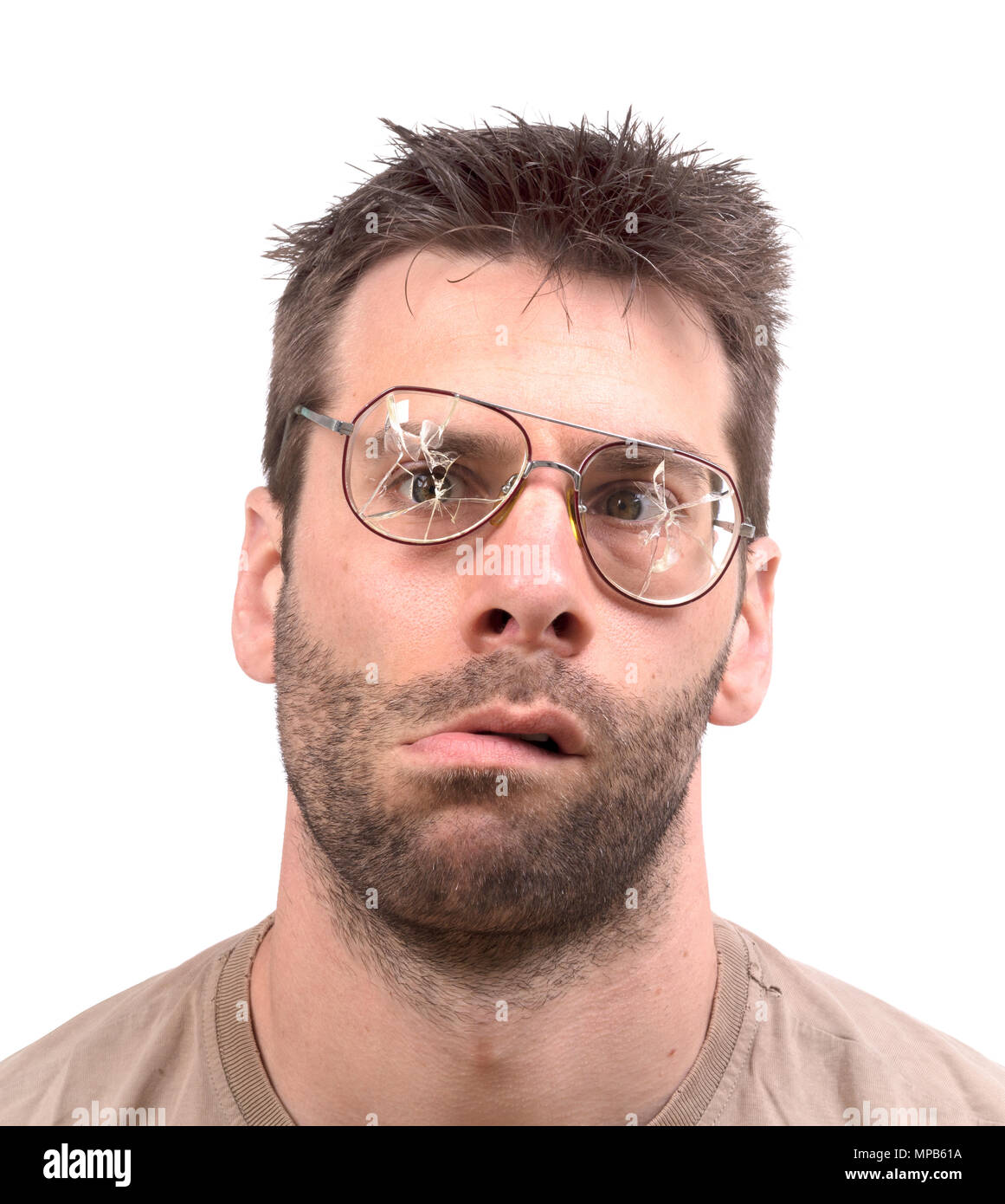 Goofy man with broken vintage glasses - Isolated on white Stock Photo ...
